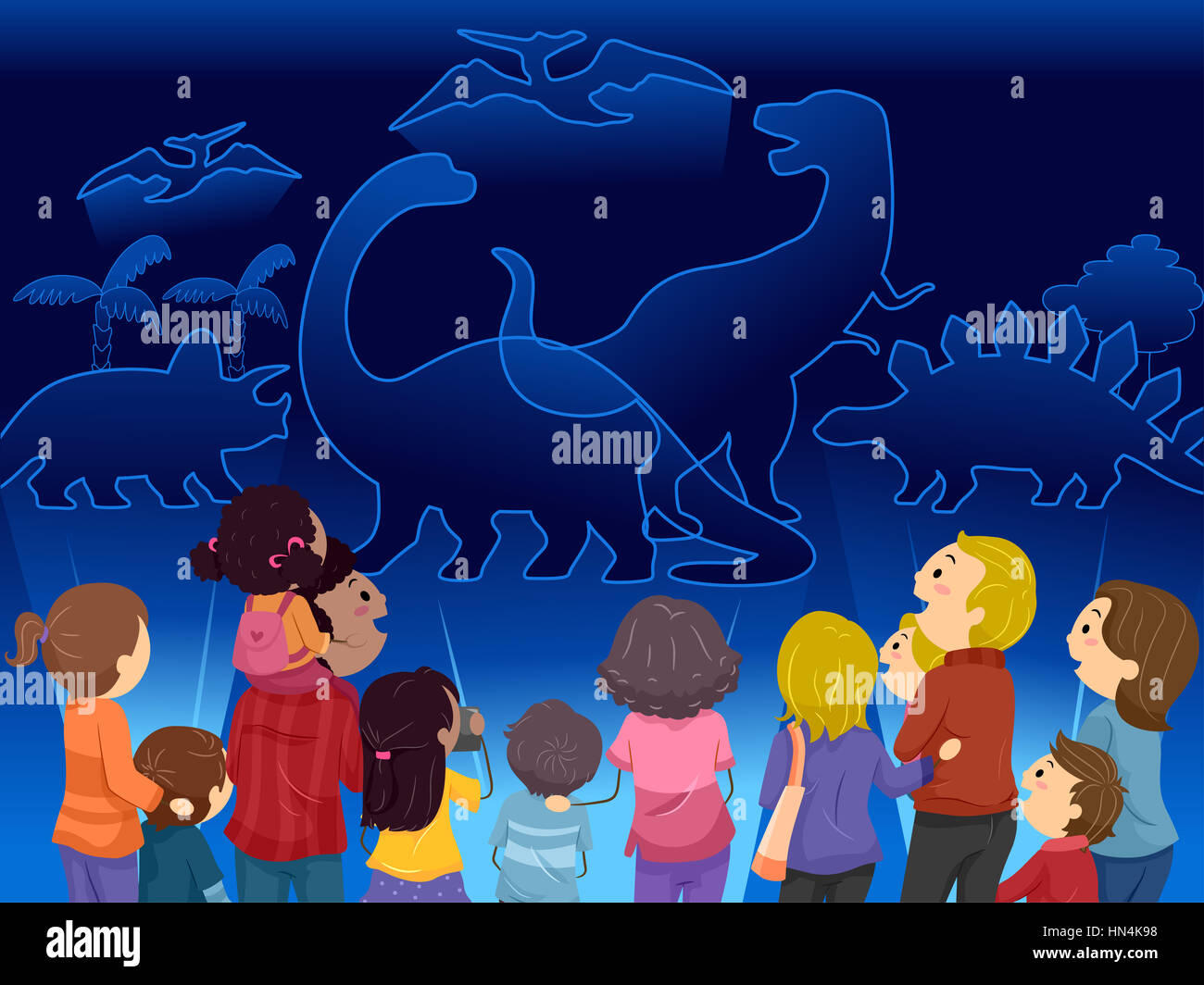 Stickman Illustration of Families Watching Dinosaur Holograms Stock ...