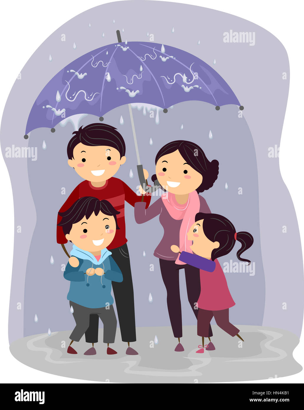 Stickman Illustration of a Family Sharing an Umbrella Stock Photo - Alamy
