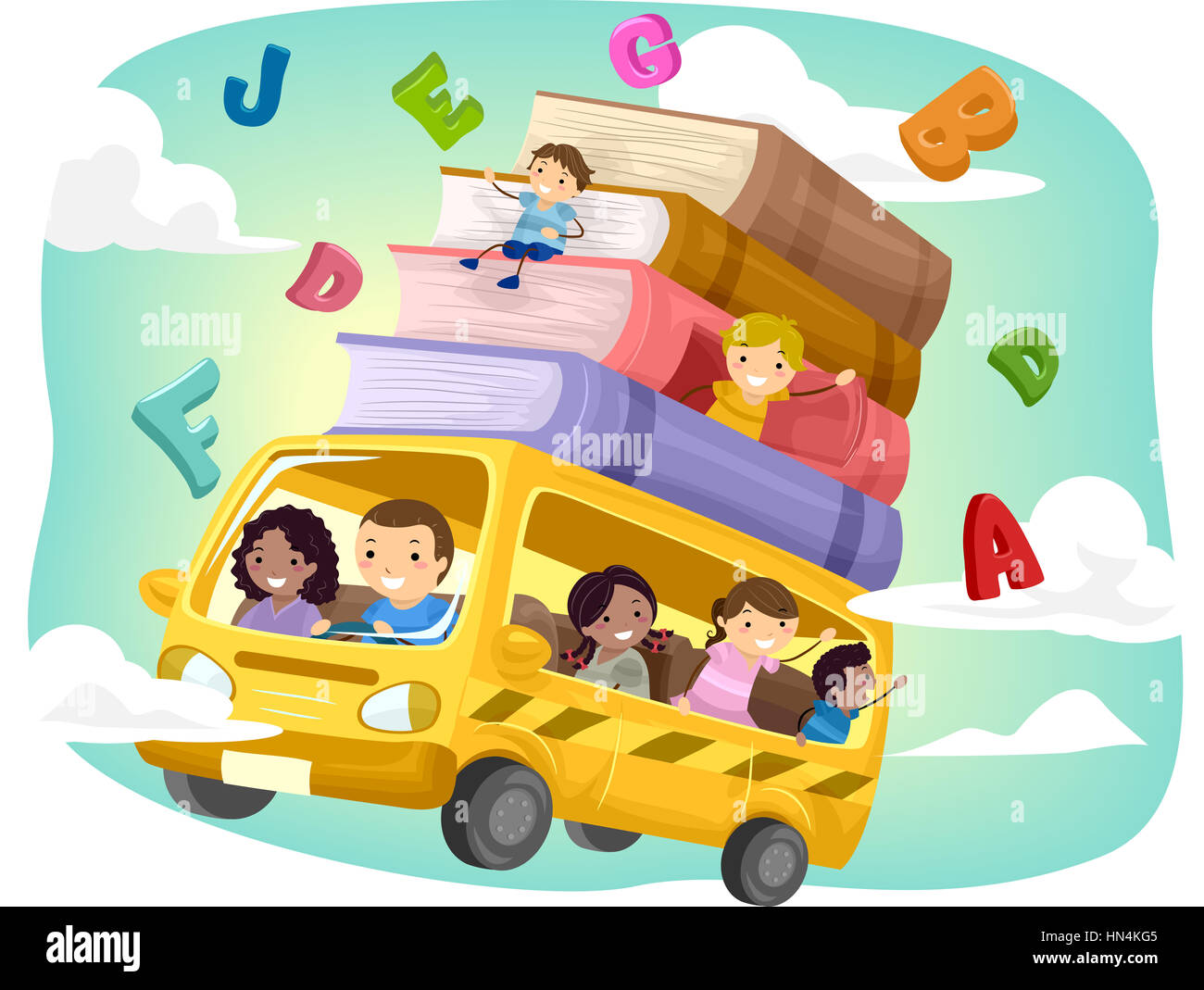 Stickman Illustration of Kids Riding a Flying Bus Stock Photo - Alamy