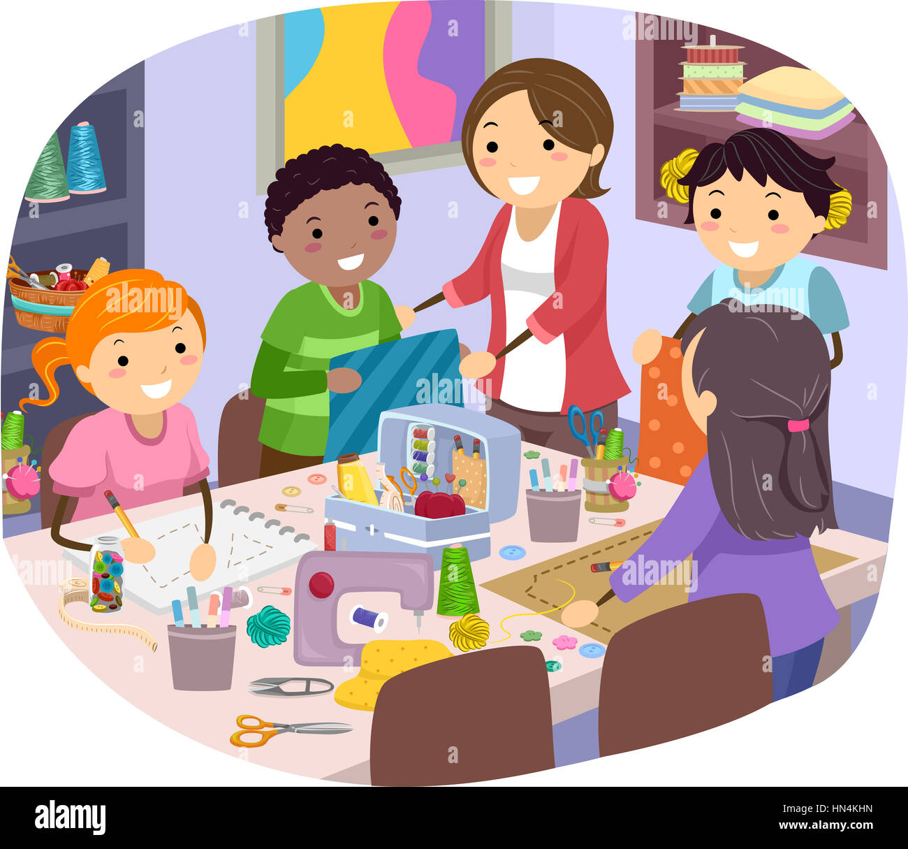 Stickman Illustration of Kids Taking Sewing Lessons Stock Photo - Alamy