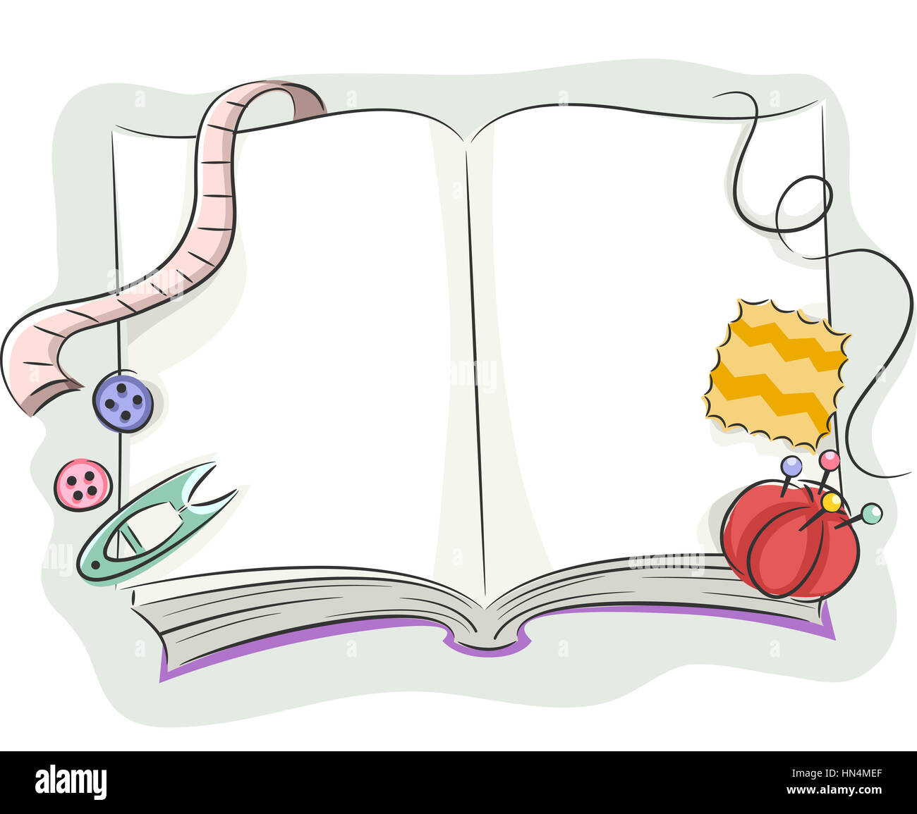Illustration of a Book Surrounded by Sewing Materials Stock Photo - Alamy