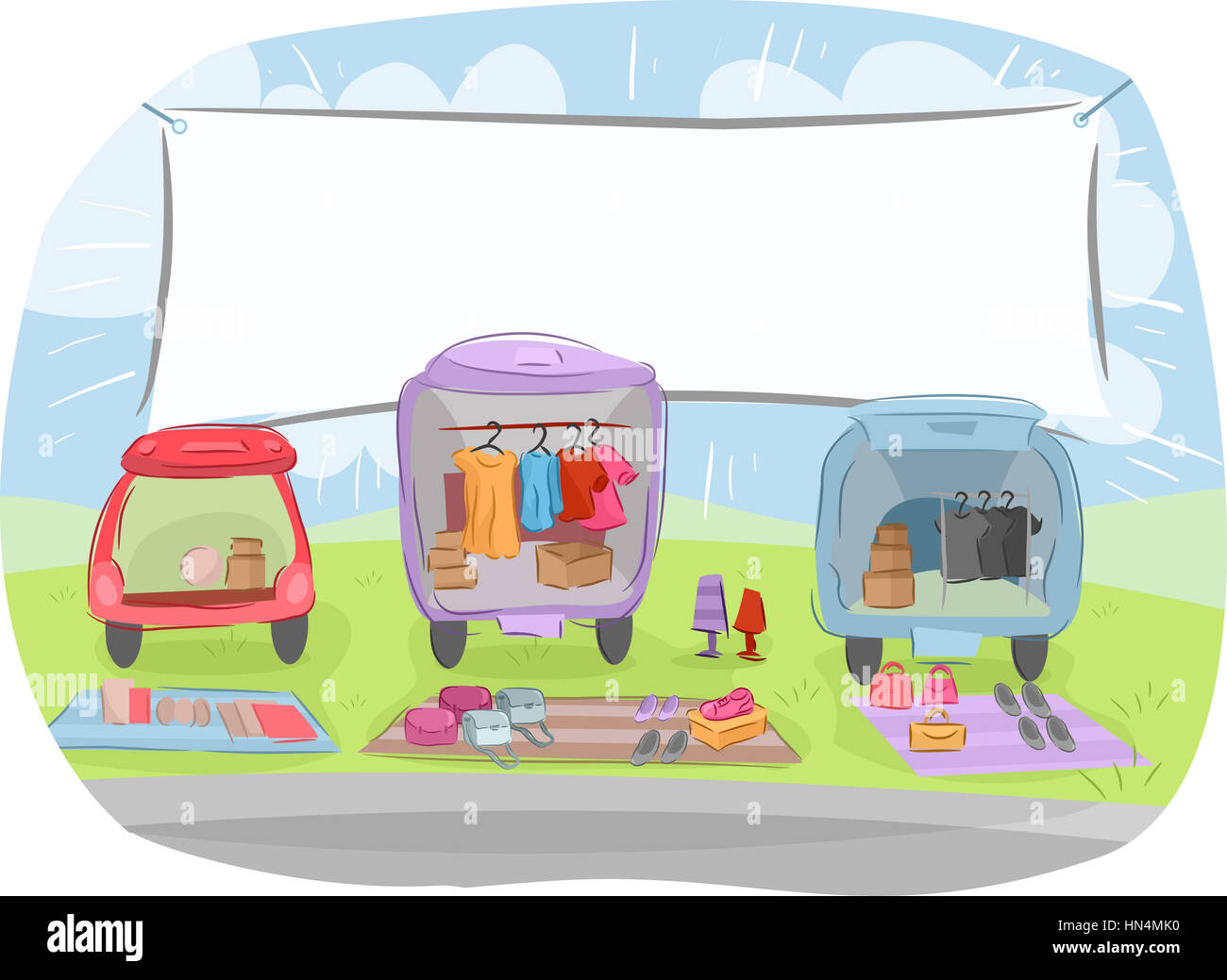 Illustration of Cars Loaded with Goods for Sale Stock Photo - Alamy