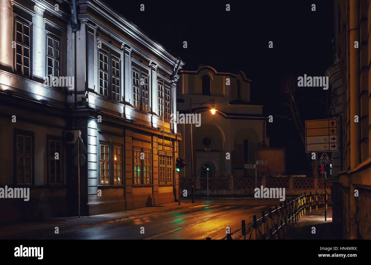 Empty streets during night in one Balkan Serbian city, details of ...