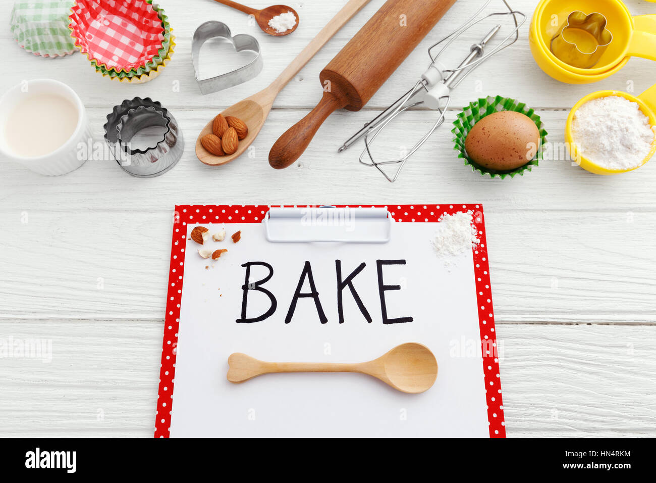 Baking background with ingredients and clipboard with paper Stock Photo ...