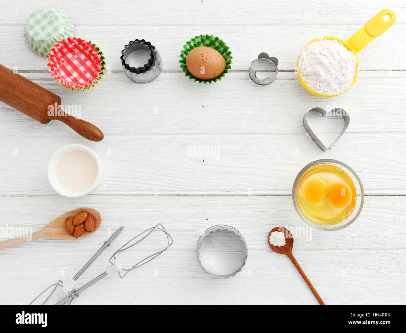 Baking background with ingredients on white wooden table Stock Photo ...