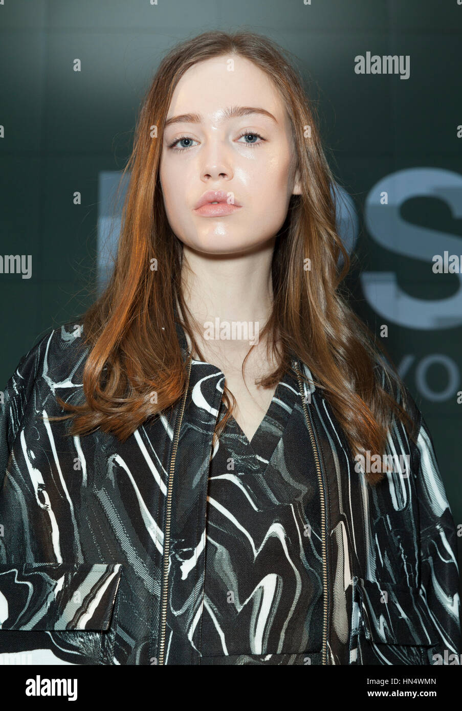 New York, USA. 07th Feb, 2017. Model shows off dress by Sarah Richards ...