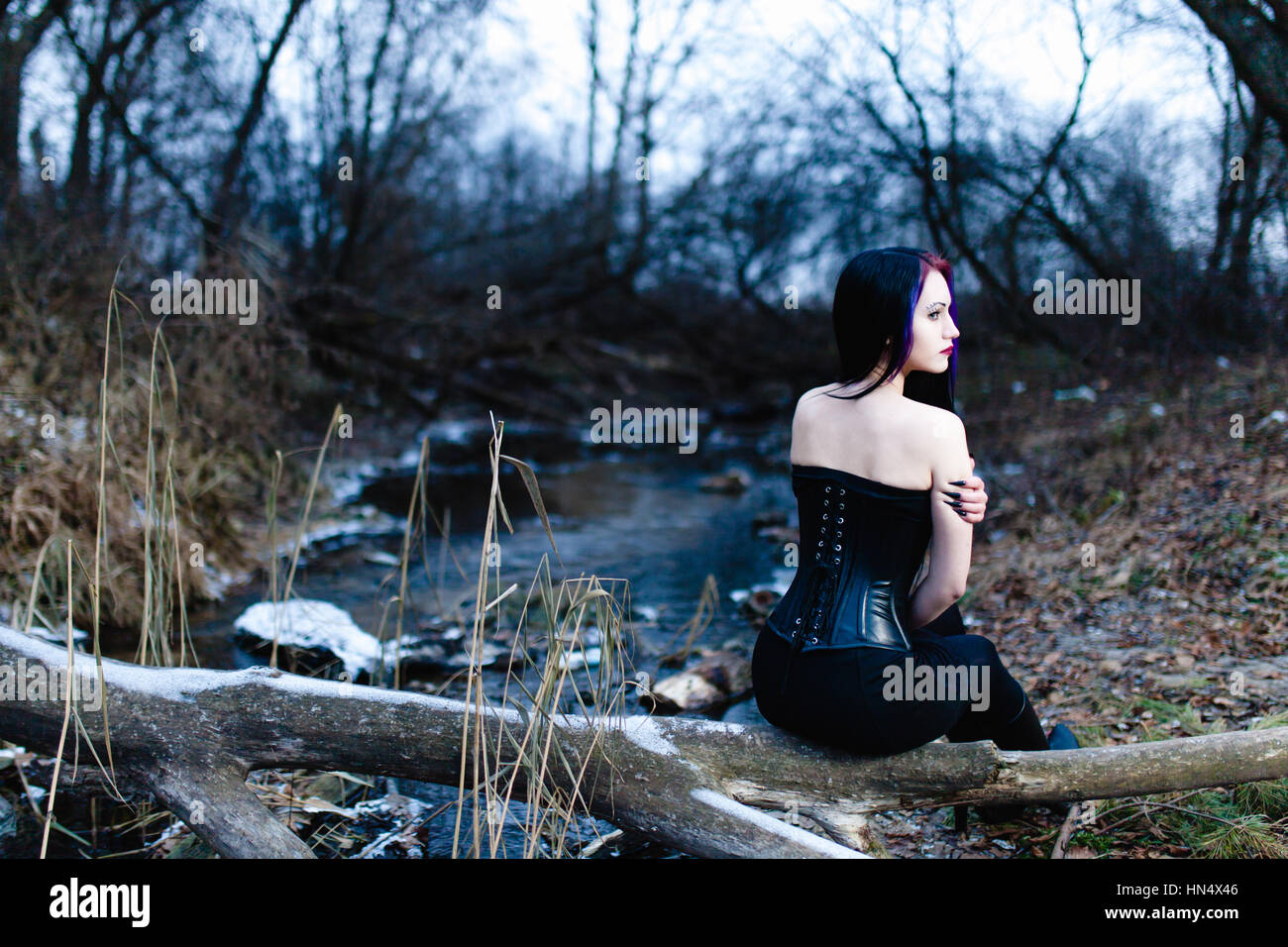 Portrait of the gothic woman near the cold creek Stock Photo - Alamy