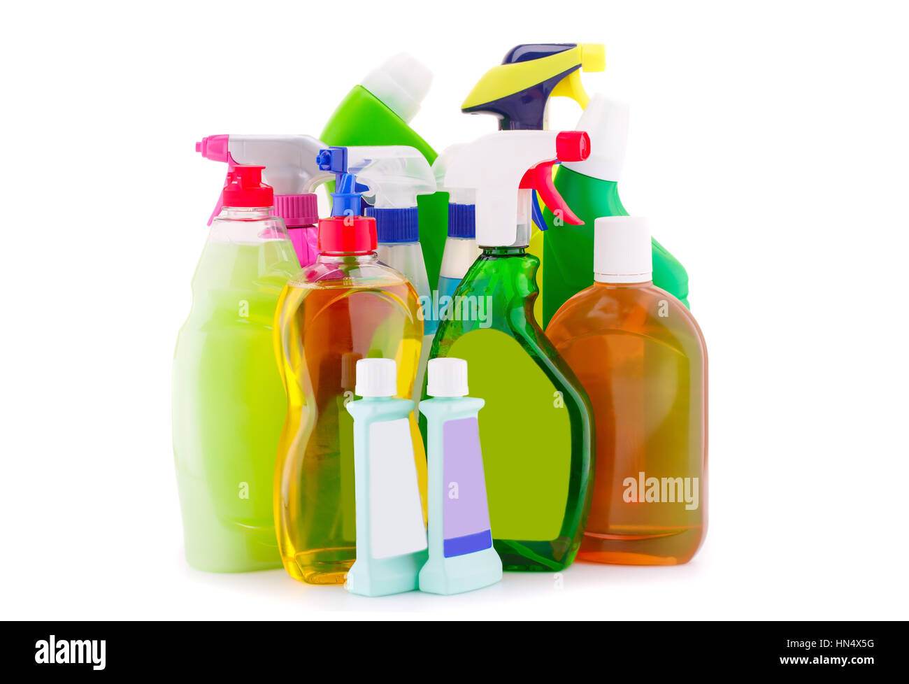 Chemical cleaning supplies isolated on white background Stock Photo - Alamy