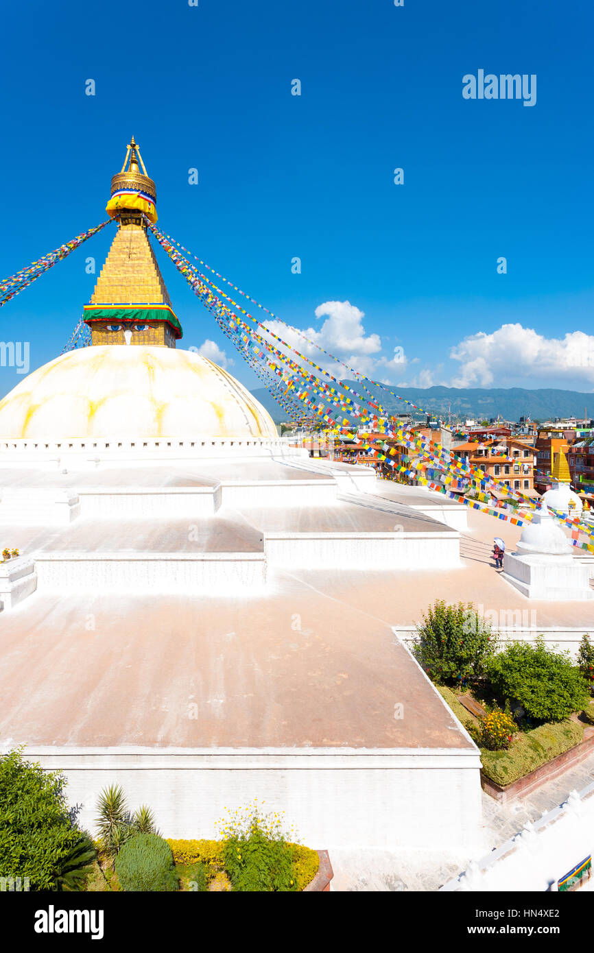 Aerial view of Boudhanath Stupa on blue sky day in Kathmandu, Nepal ...