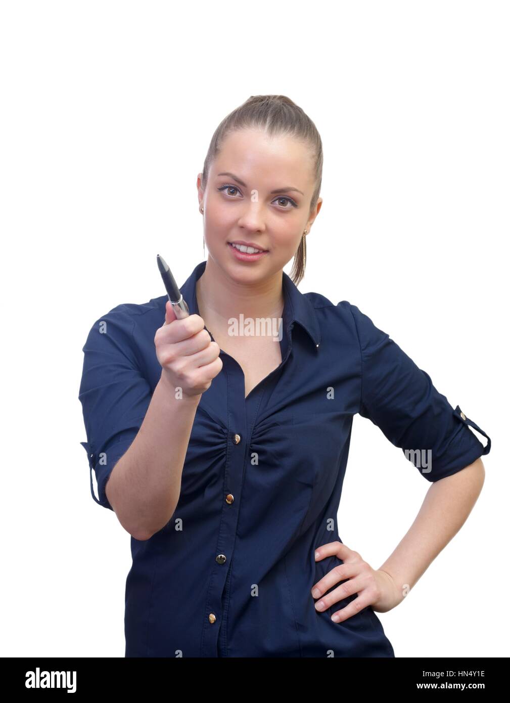 Portrait of a business woman holding a pen isolated Stock Photo - Alamy