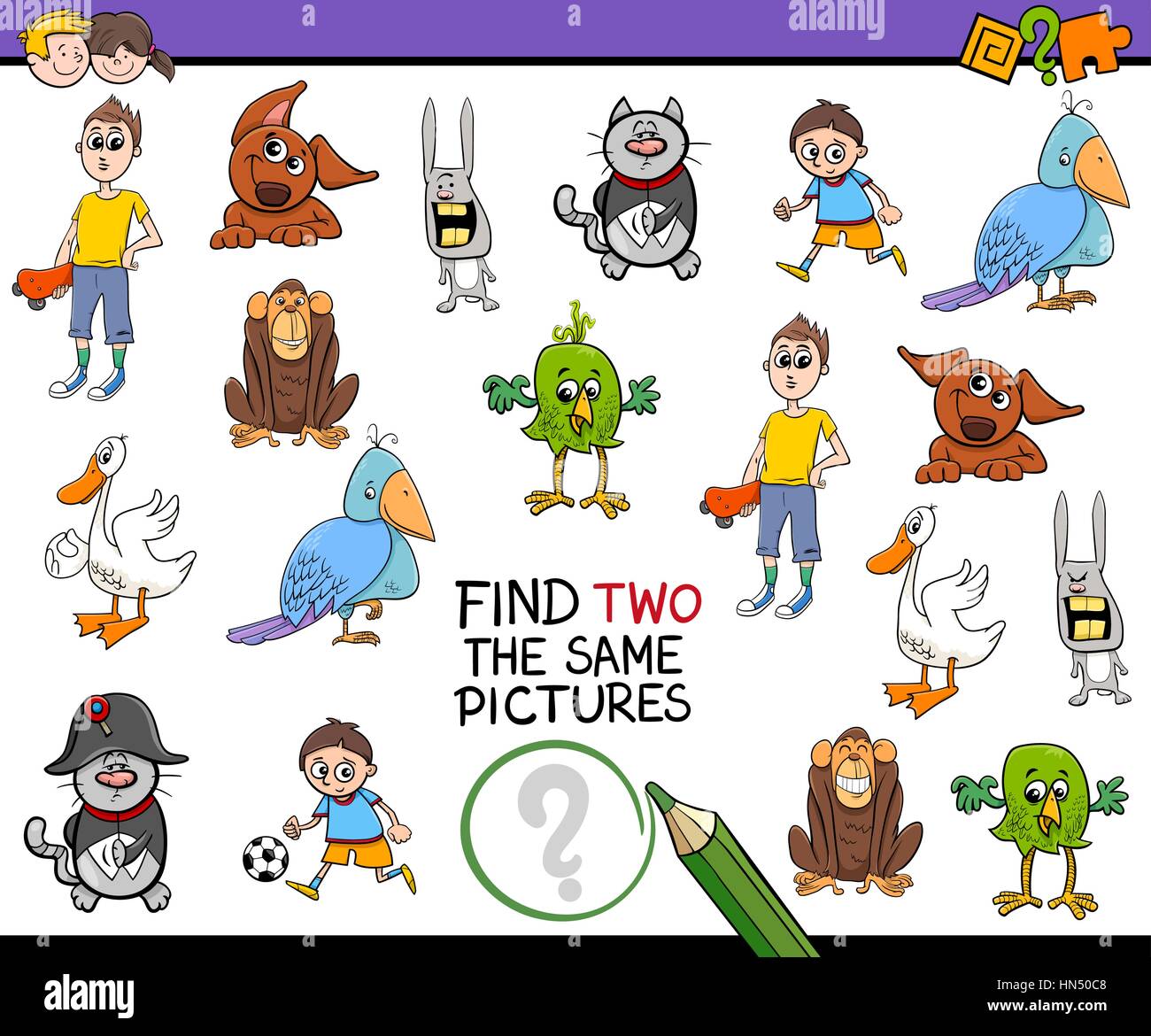 Cartoon Illustration of Find Two Identical Pictures Educational ...