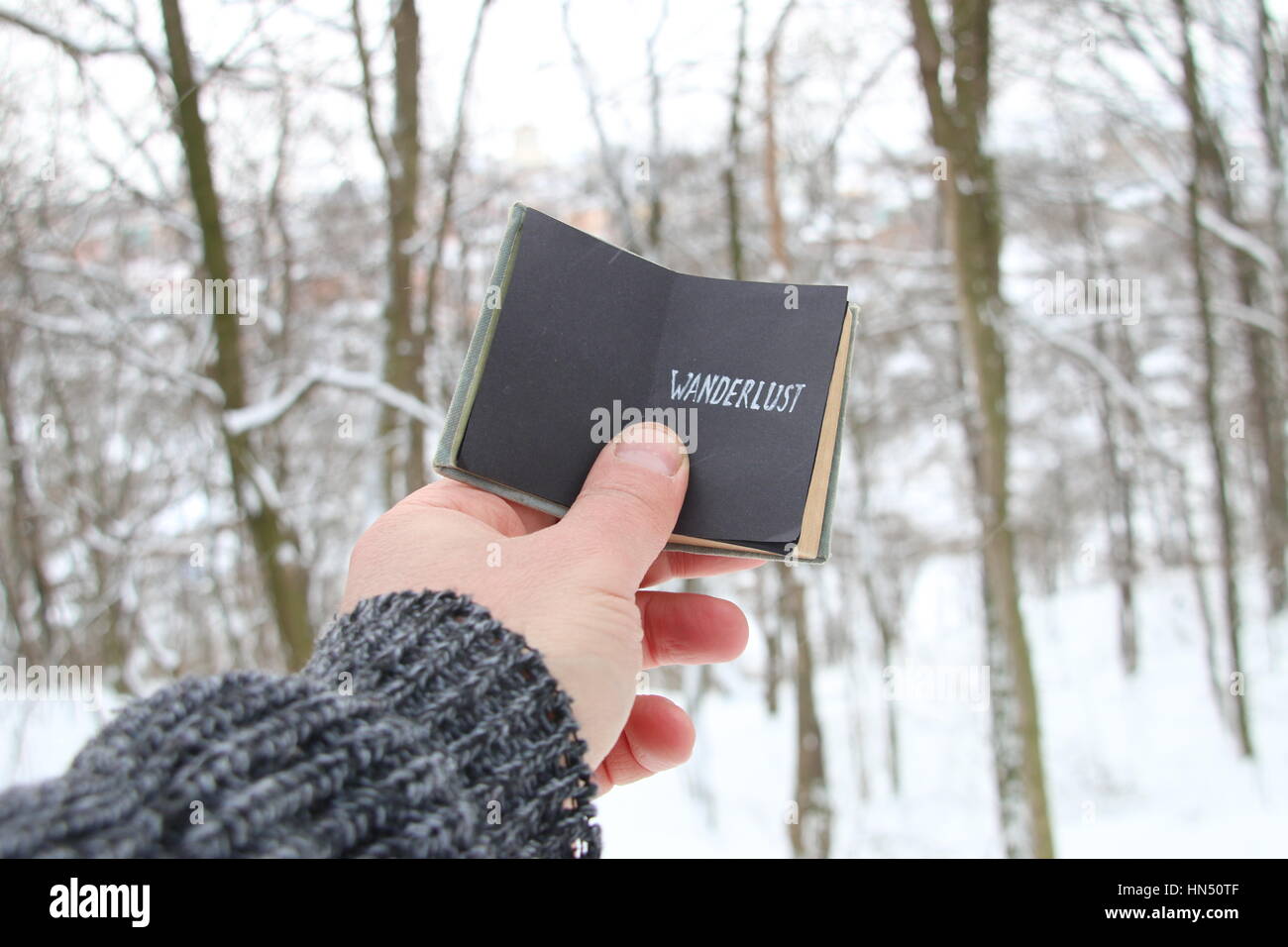 Hand holding a book with the inscription wanderlust on the background ...