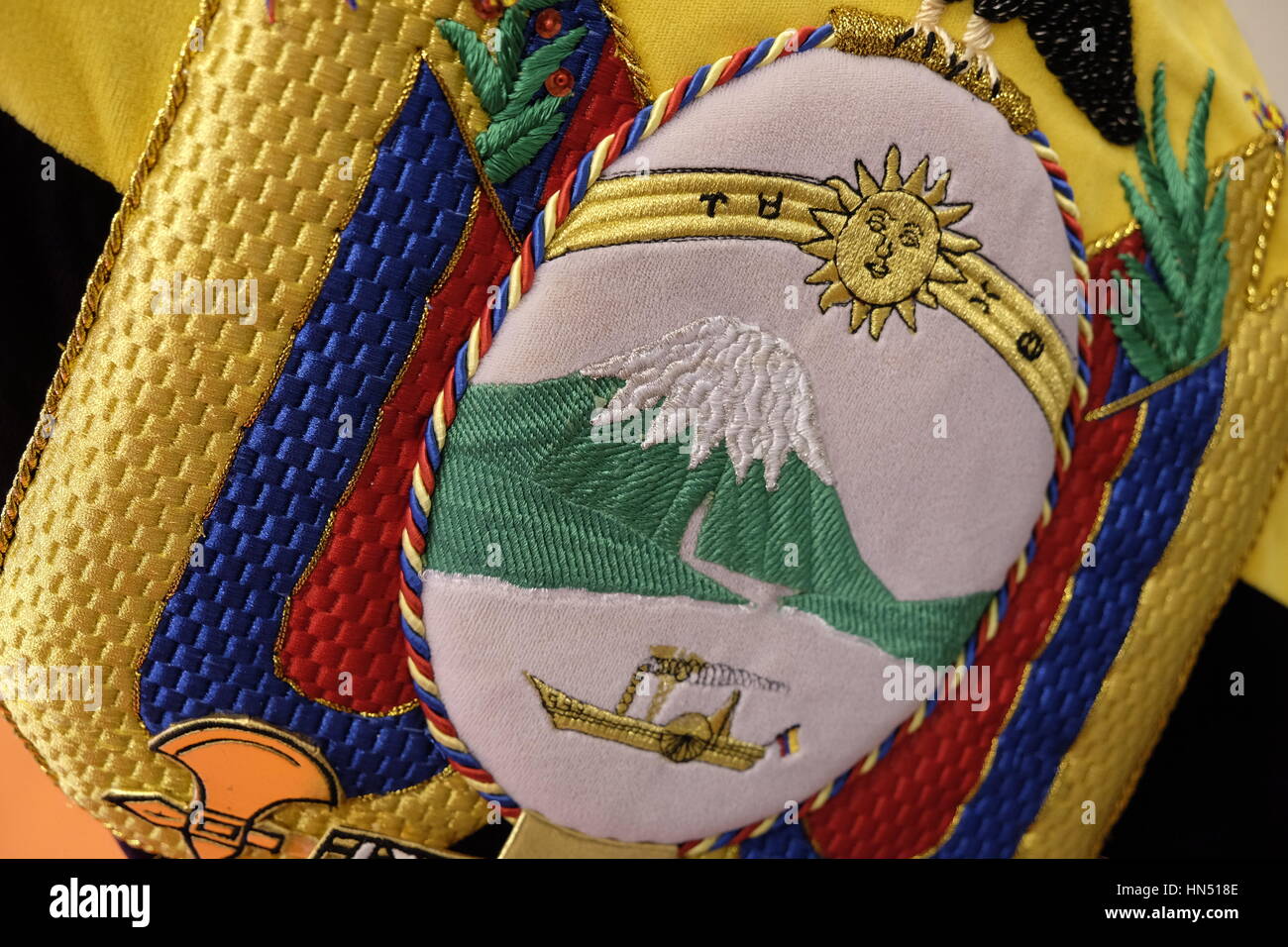 Detail of the coat of arms of the national flag of Ecuador depicting ...
