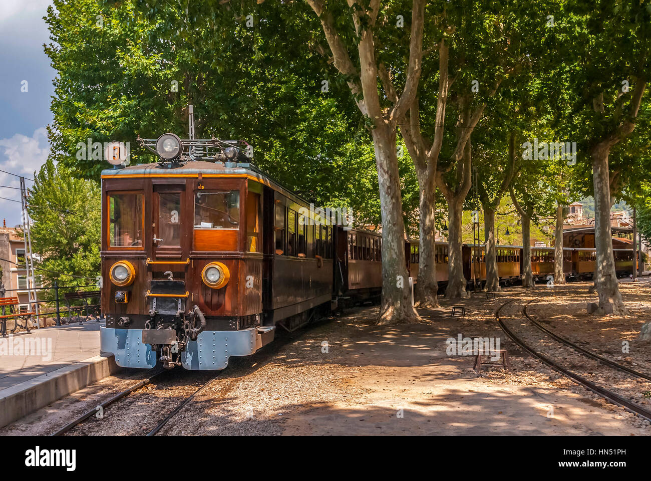 Electric train at Soller station on the island of Mallorca Stock Photo ...