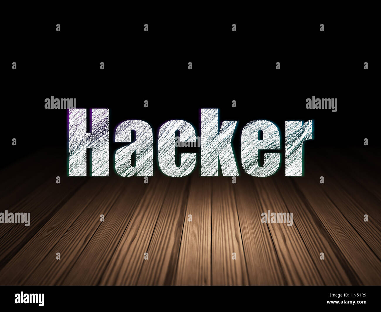 Security concept: Glowing text Hacker in grunge dark room with Wooden ...