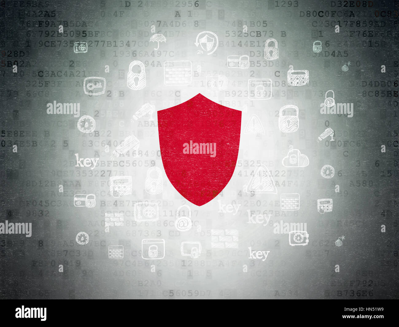 Privacy concept: Painted red Shield icon on Digital Data Paper background with Hand Drawn ...