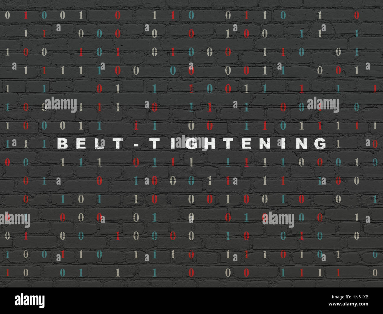 Business concept: Painted white text Belt-tightening on Black Brick wall background with Binary ...