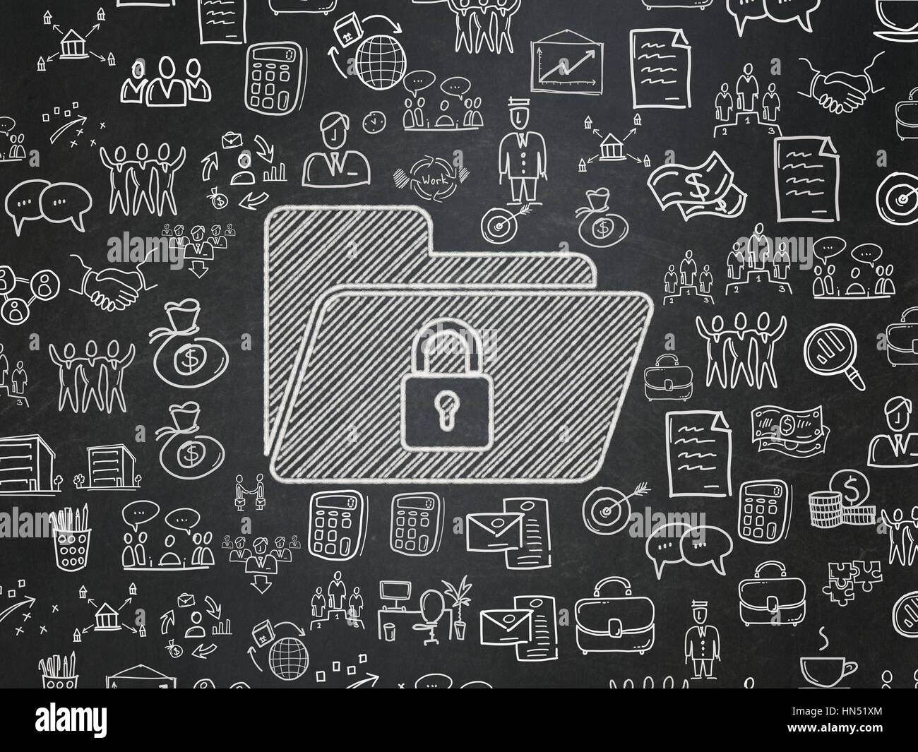 Finance concept: Chalk White Folder With Lock icon on School board ...