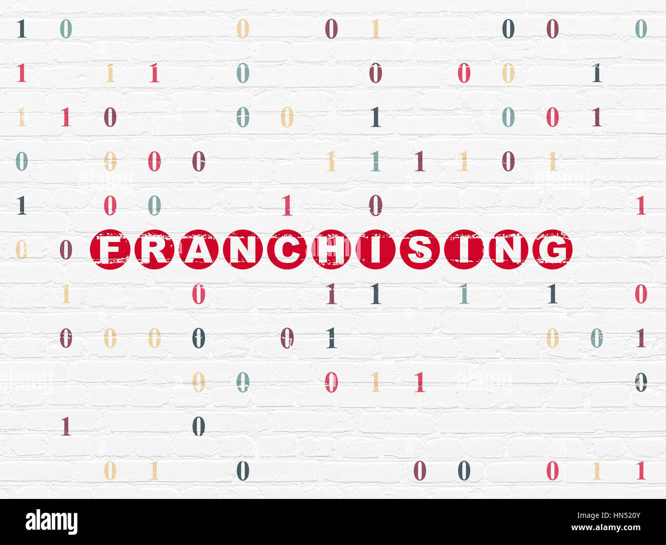 Business concept: Painted red text Franchising on White Brick wall background with Binary Code ...