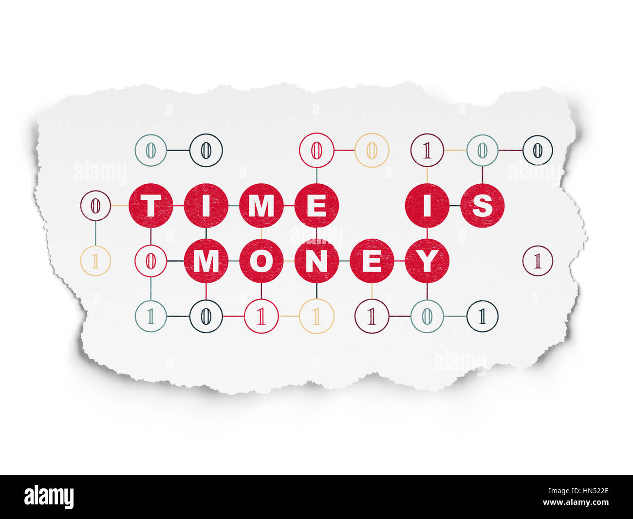 Finance concept: Painted red text Time is Money on Torn Paper background with Scheme Of Binary ...