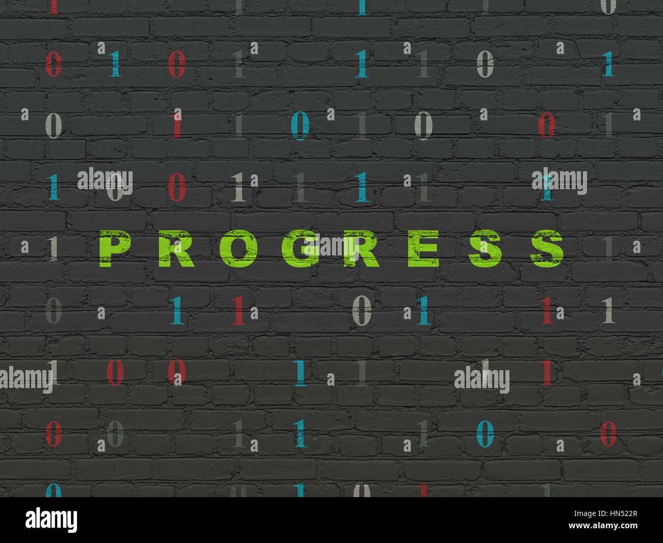 Finance concept: Painted green text Progress on Black Brick wall background with Binary Code ...