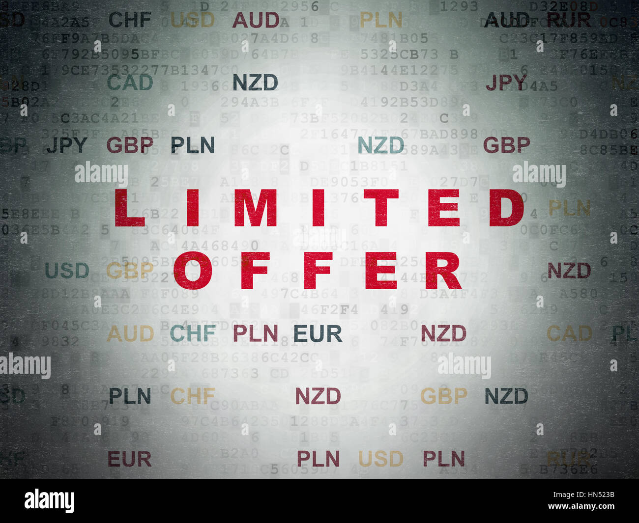 Finance concept: Painted red text Limited Offer on Digital Data Paper background with Currency ...