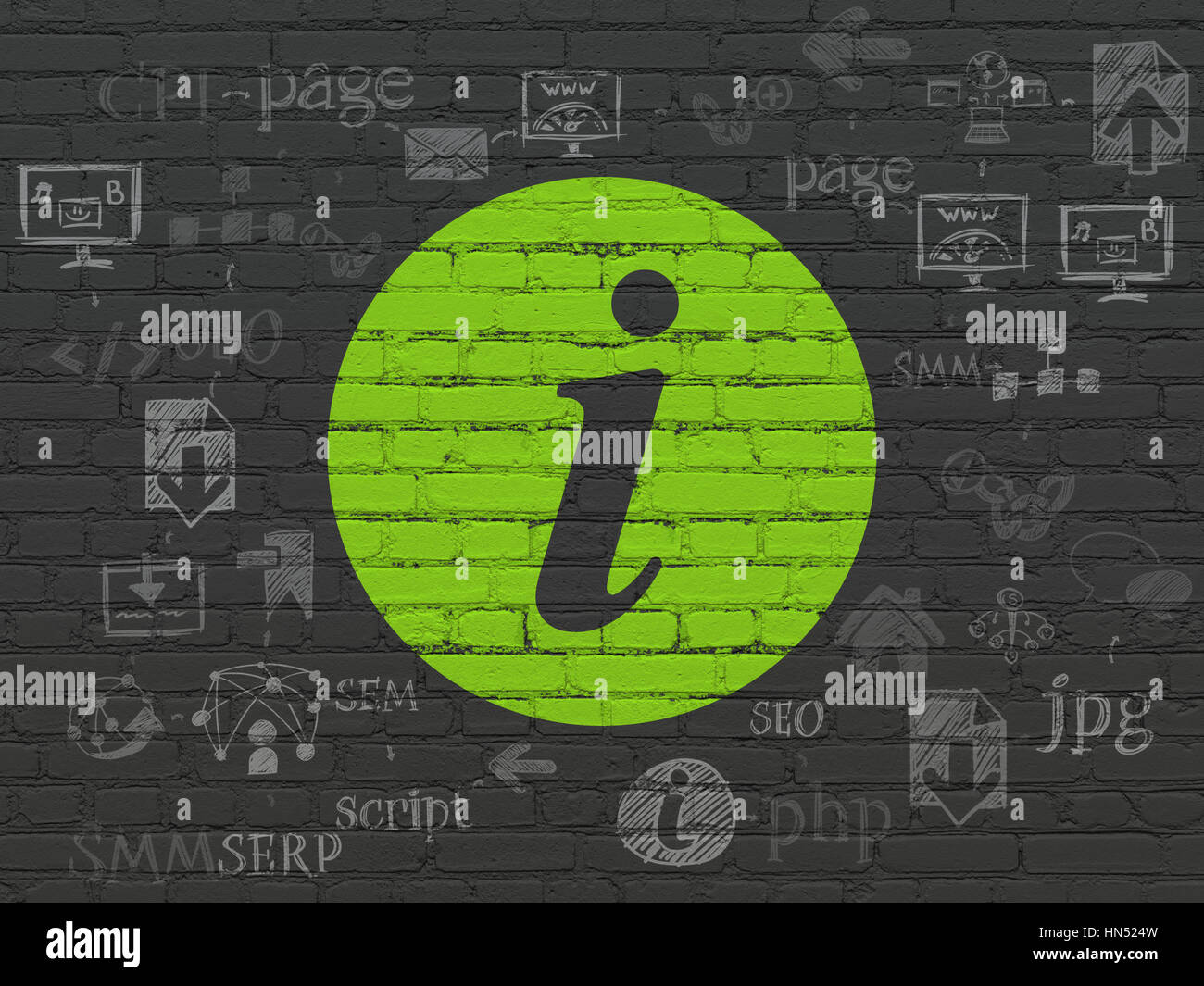 Web development concept: Painted green Information icon on Black Brick ...