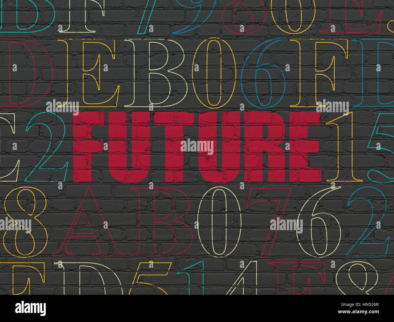 Timeline concept: Painted red text Future on Black Brick wall background with Hexadecimal Code ...