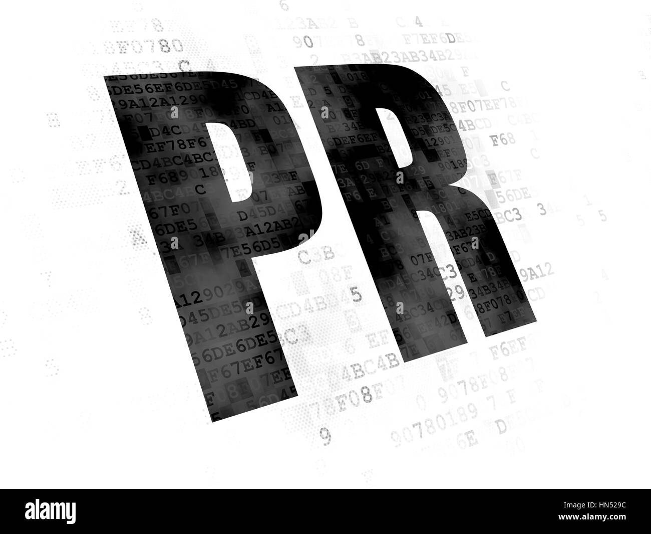 Advertising concept: Pixelated black text PR on Digital background ...