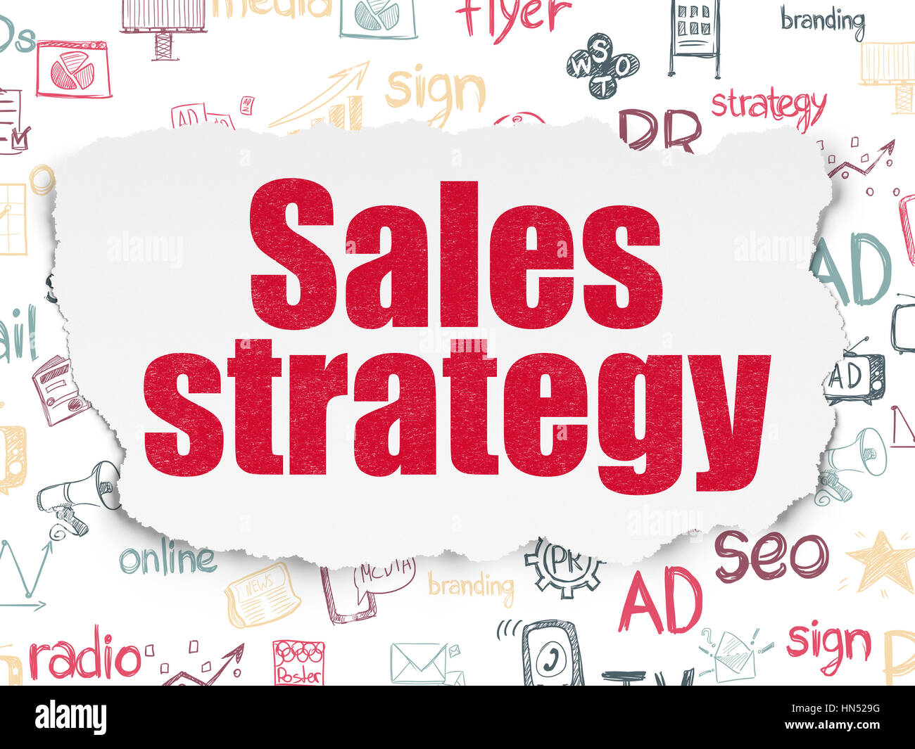 Marketing concept: Painted red text Sales Strategy on Torn Paper background with Hand Drawn ...