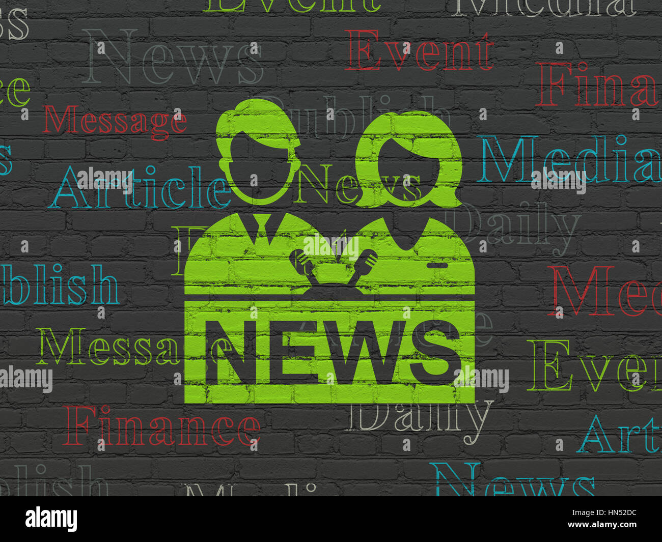 News concept: Painted green Anchorman icon on Black Brick wall ...