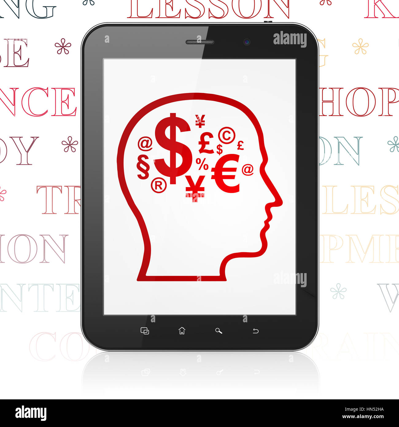 Learning concept: Tablet Computer with red Head With Finance Symbol ...