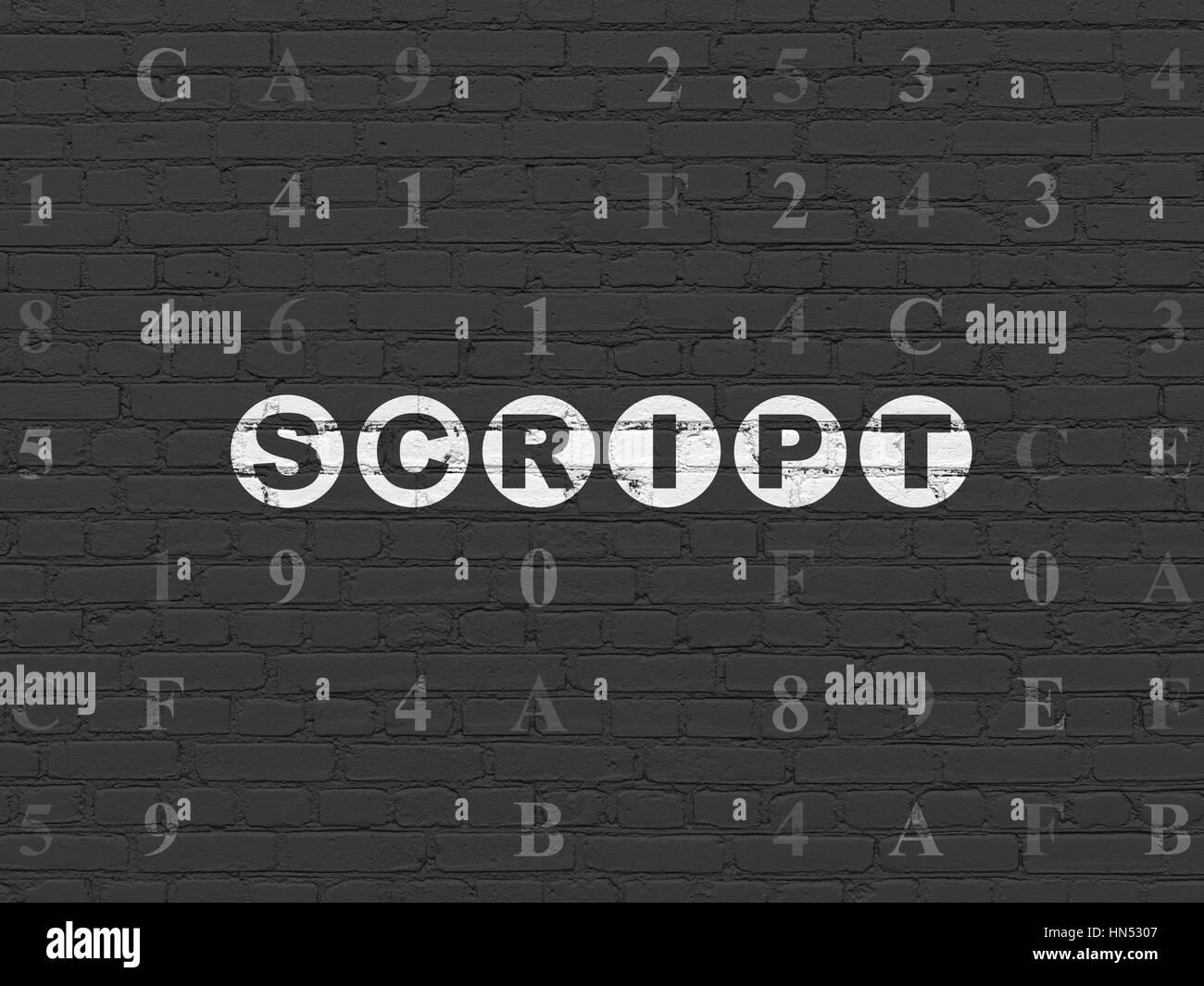 Programming concept: Painted white text Script on Black Brick wall ...