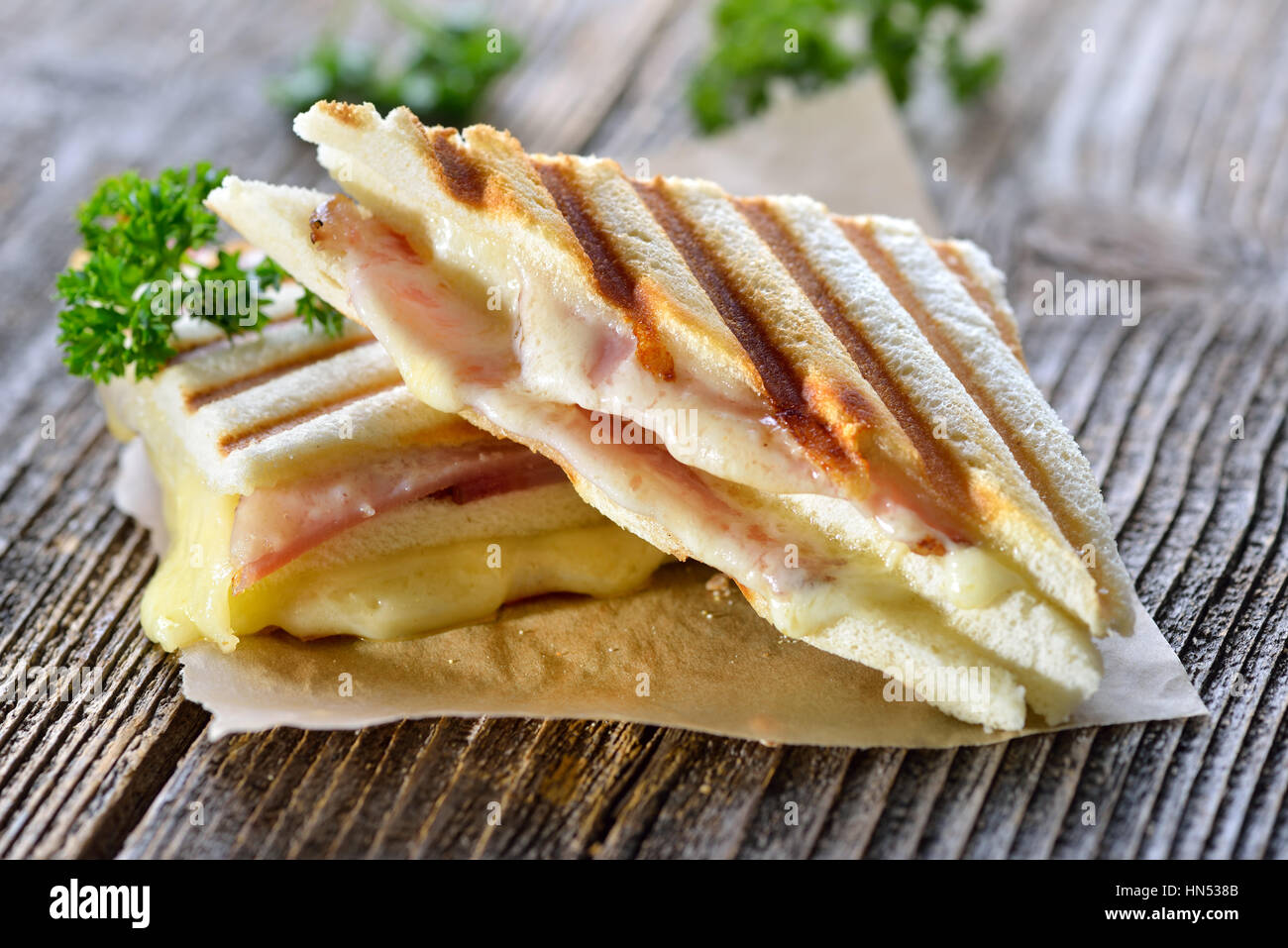 Pressed and toasted double panini with ham and cheese served on ...