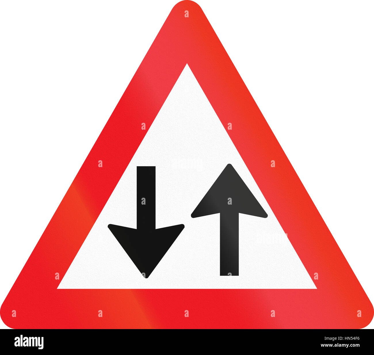 Warning road sign used in Denmark - Opposing traffic Stock Photo - Alamy