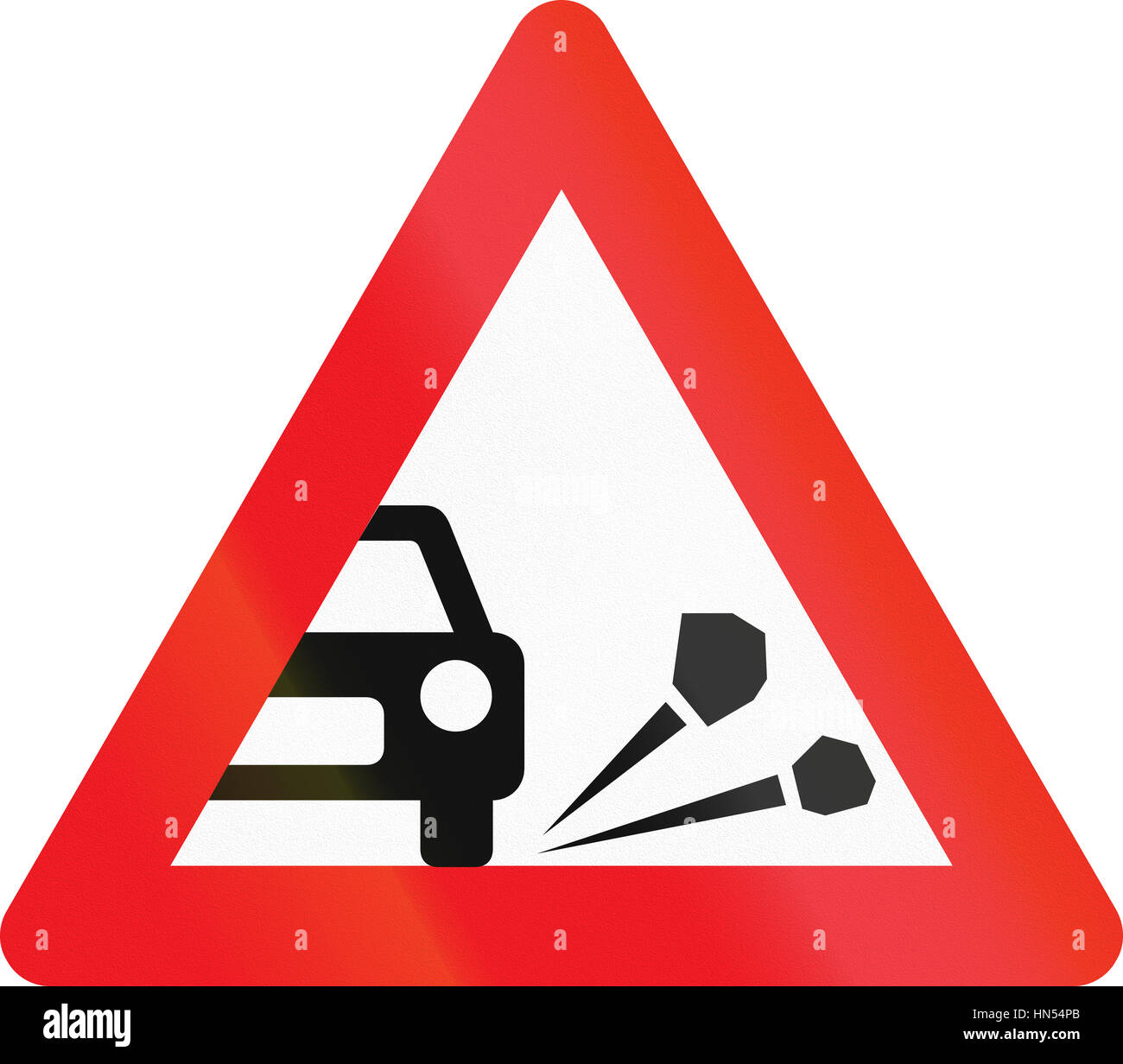 Warning road sign used in Denmark - Loose chippings Stock Photo - Alamy