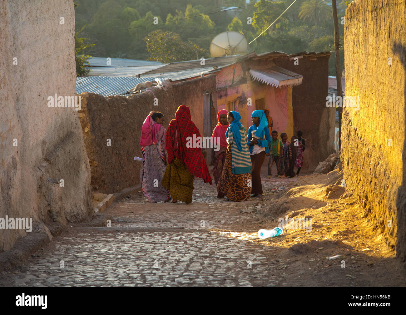 Young women chatting in the colorful streets of Jugol old town, Harari ...
