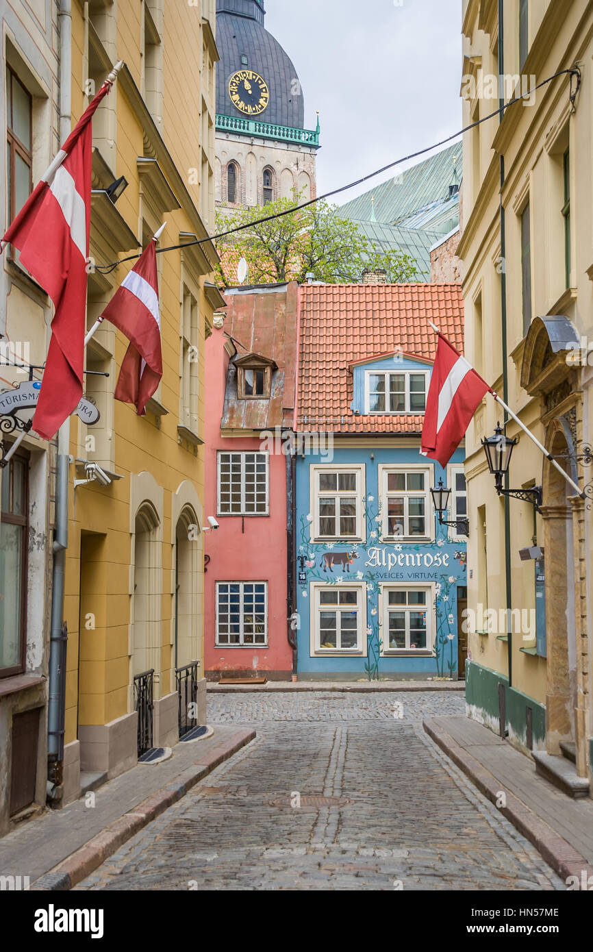Narrow colorful street in the historical center of Riga, Latvia Stock ...