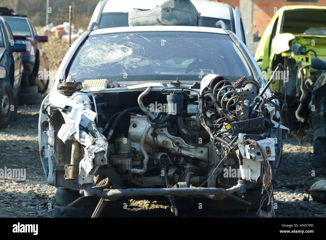 Picture of a smashed car in a junkyard Stock Photo - Alamy