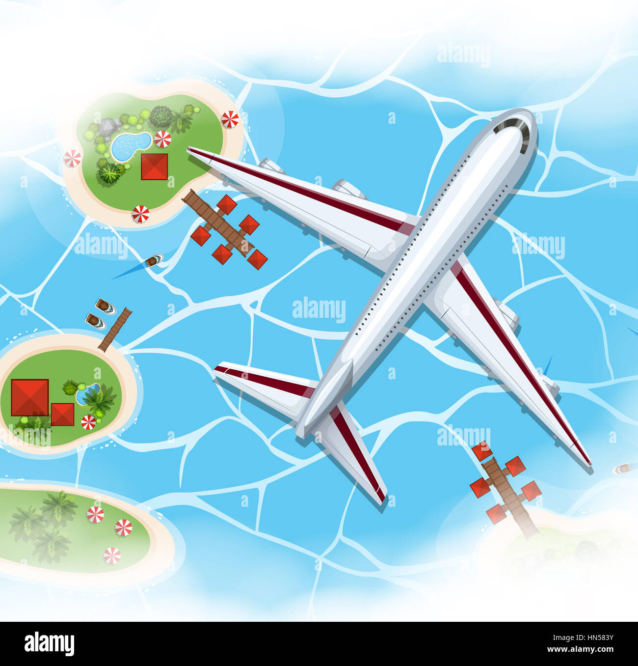 Airplane flying over the sea illustration Stock Photo - Alamy