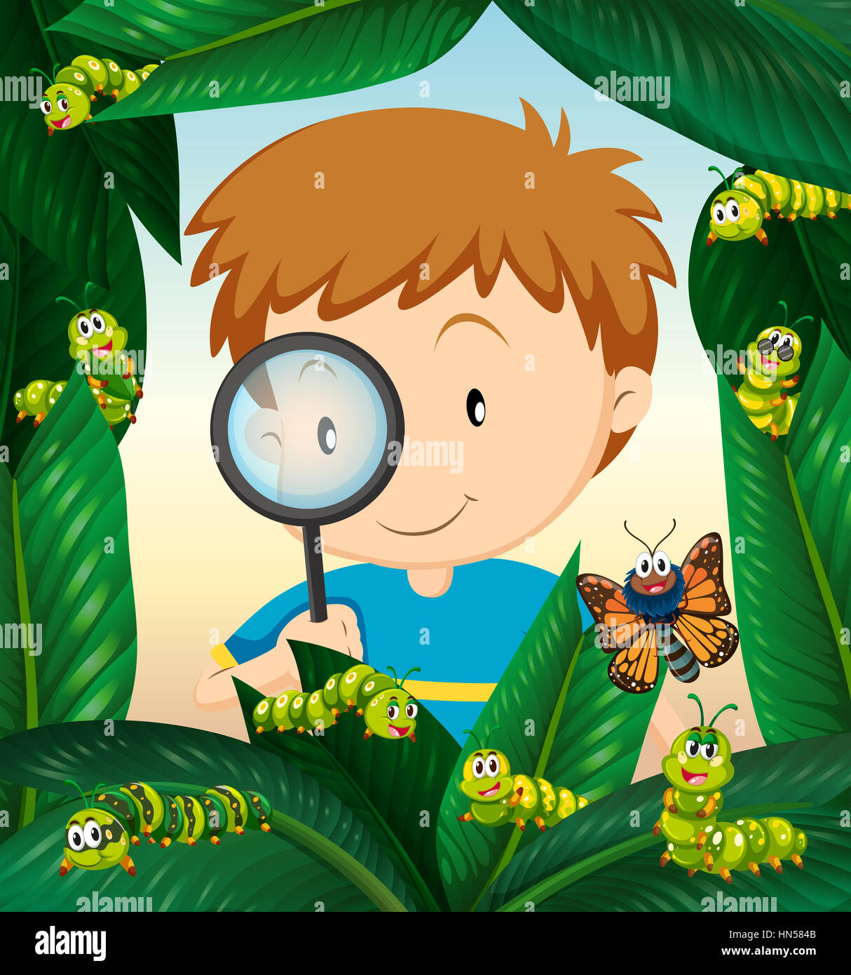 Boy observing insect life on the leaves illustration Stock Photo - Alamy