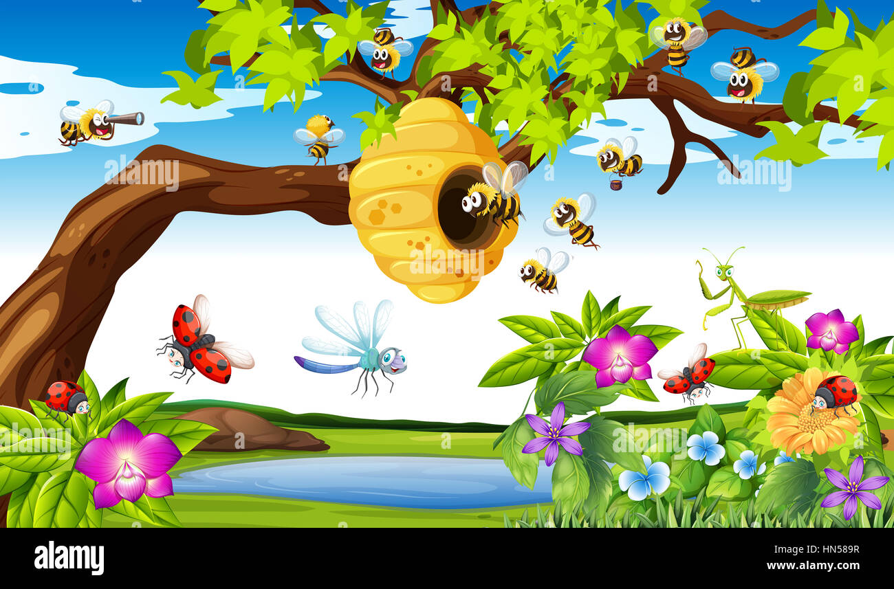 Bees flying around the tree in garden illustration Stock Photo - Alamy