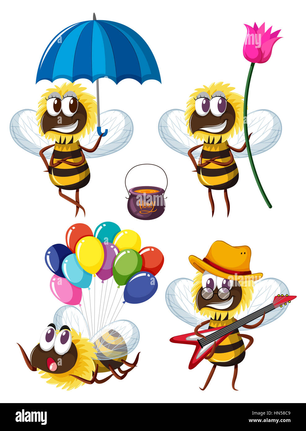 Bee characters in different actions illustration Stock Photo - Alamy