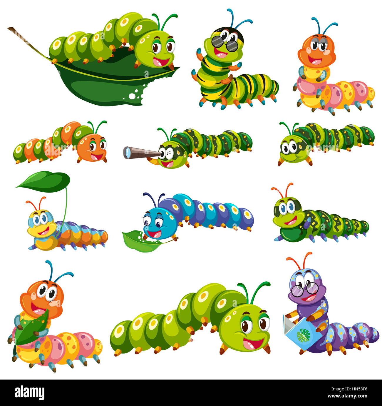 Different color caterpillar characters illustration Stock Photo - Alamy