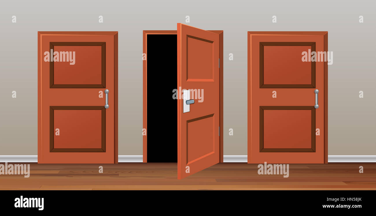 Room with three doors illustration Stock Photo - Alamy
