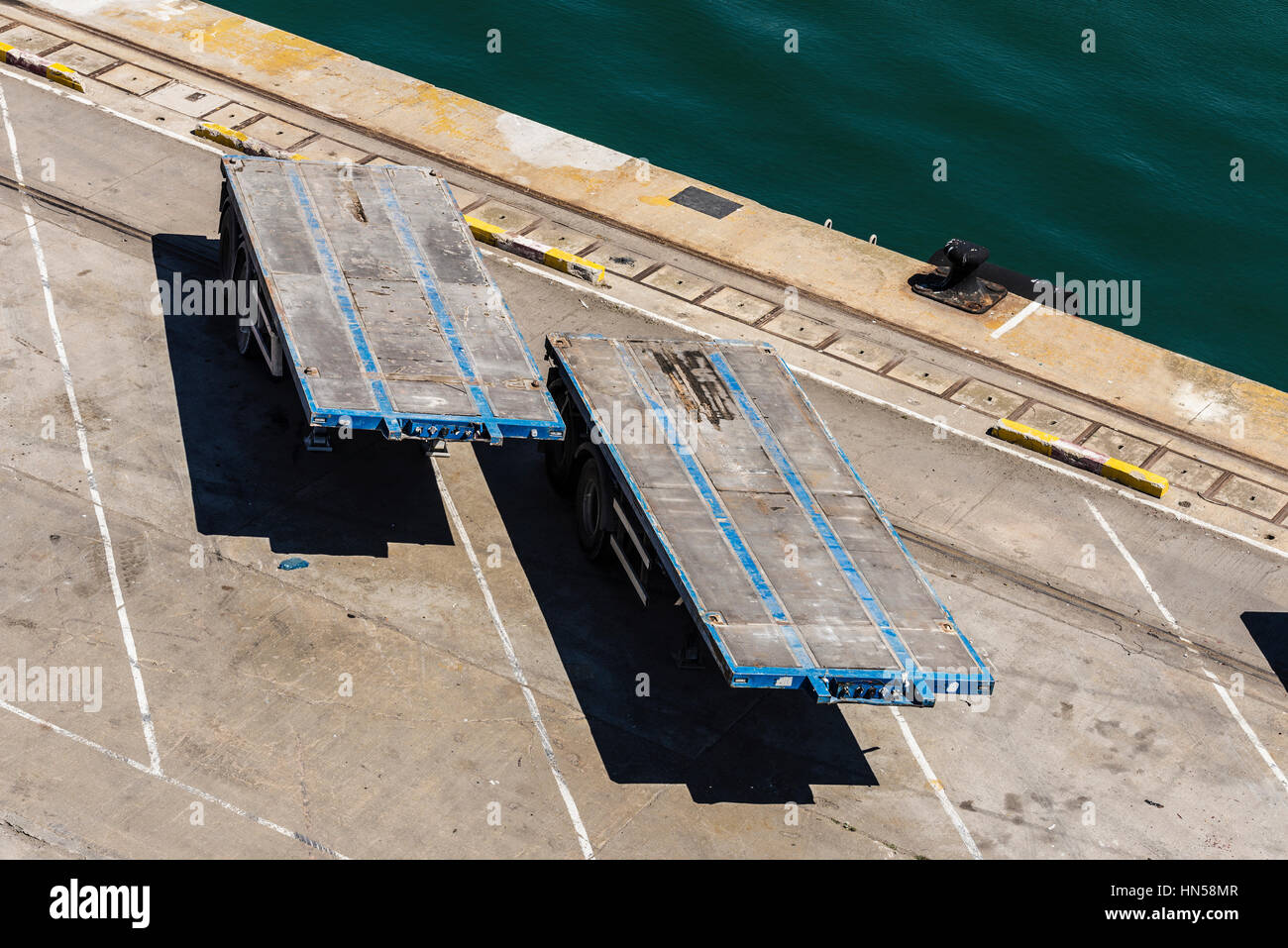 Empty trailers waiting to board at the port of Barcelona, Catalonia ...