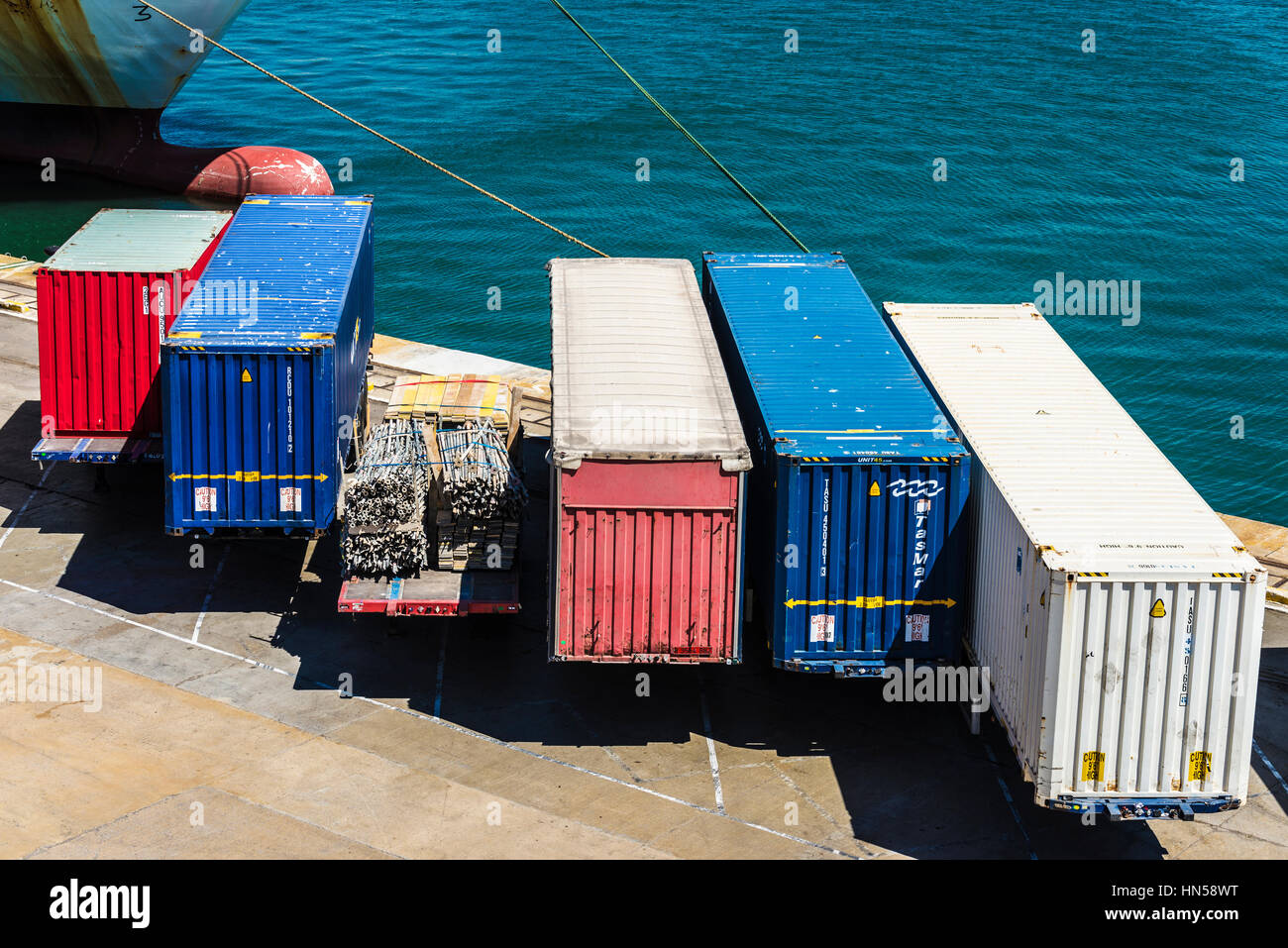 Barcelona, Spain - June 21, 2016: Containers and trailer with ...