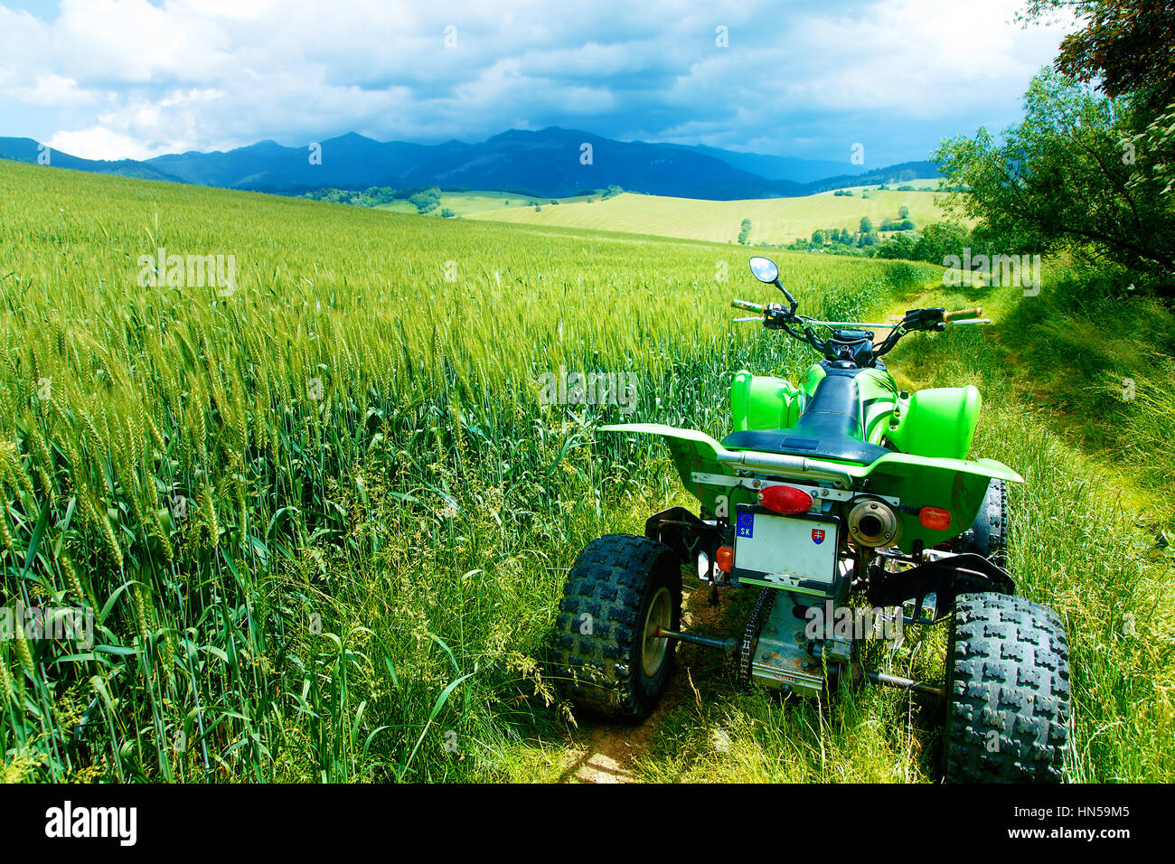 Green Quad in landscape on road in field Stock Photo - Alamy