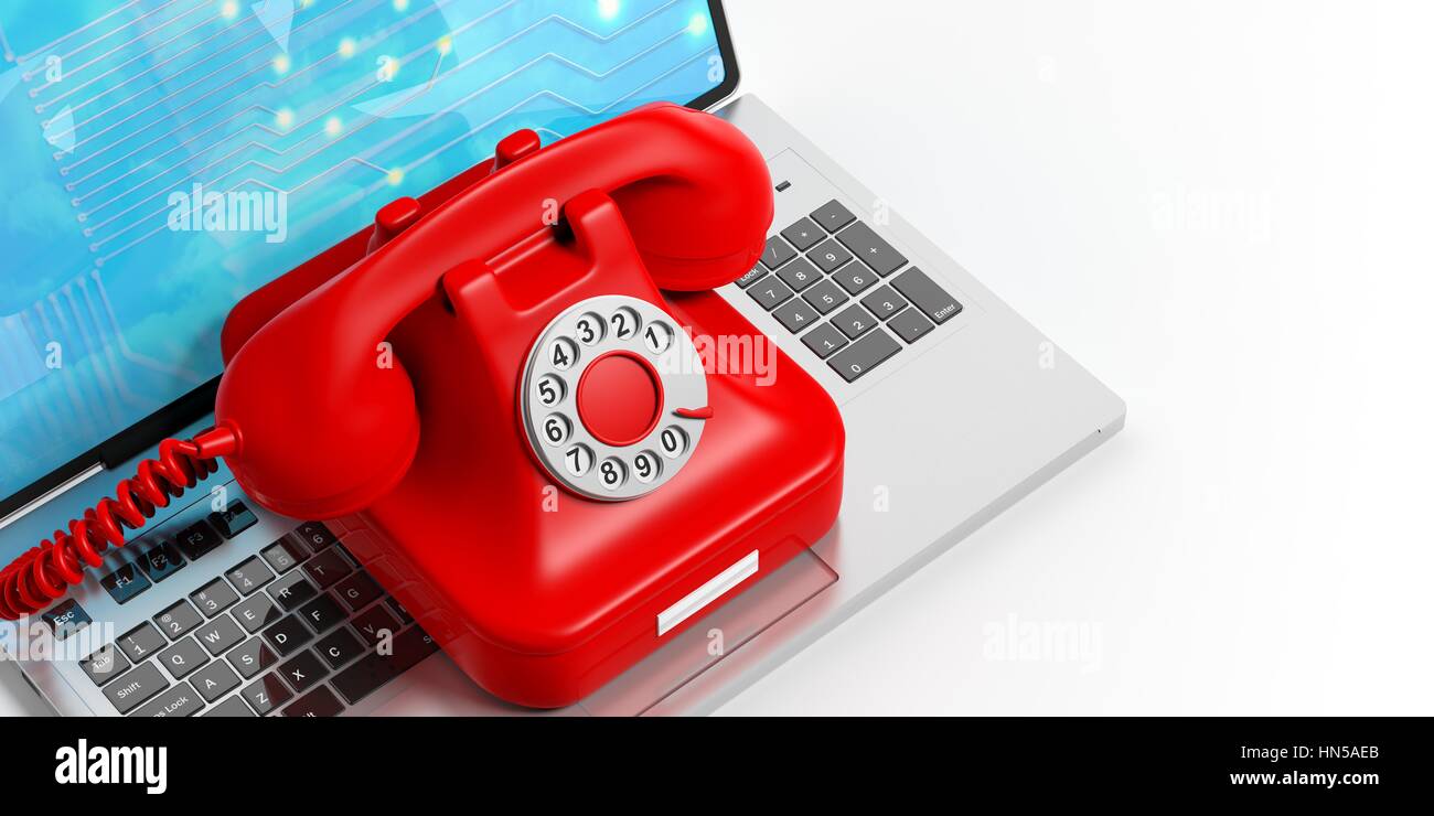 Red old telephone on a laptop on white background. 3d illustration ...