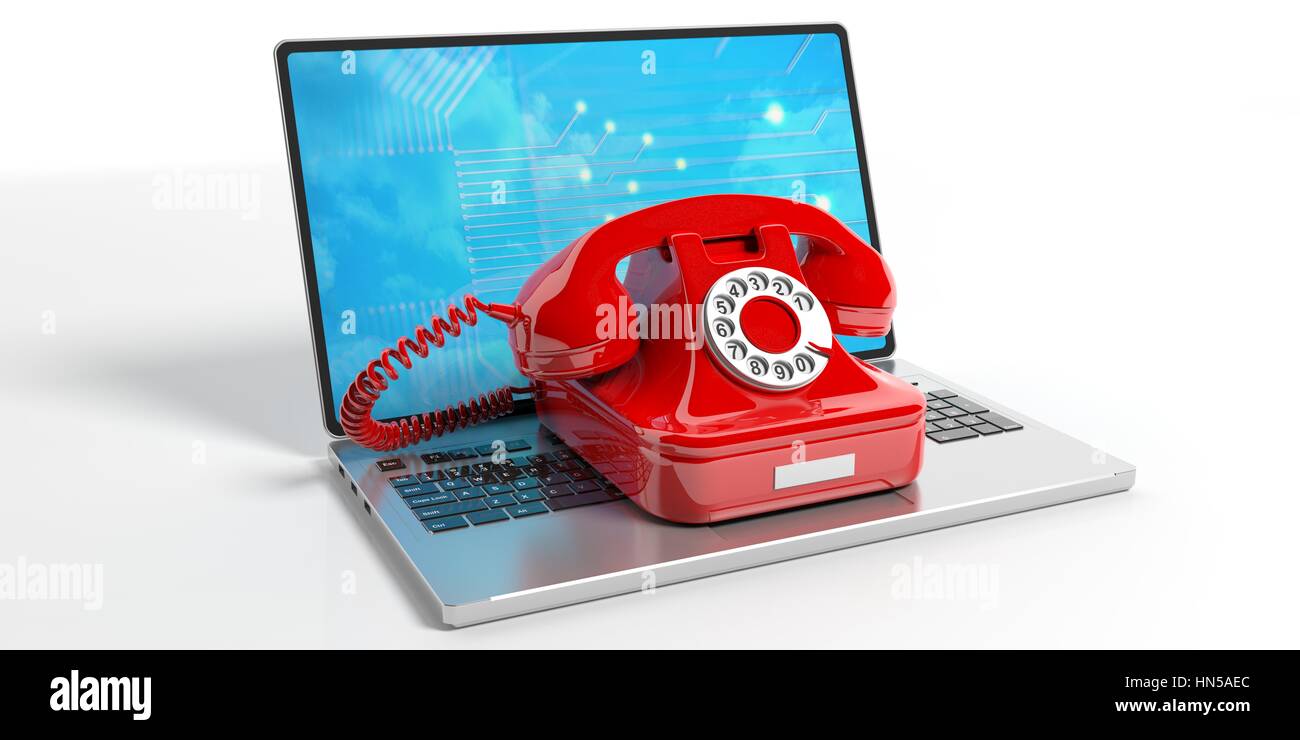 Red old telephone on a laptop on white background. 3d illustration ...